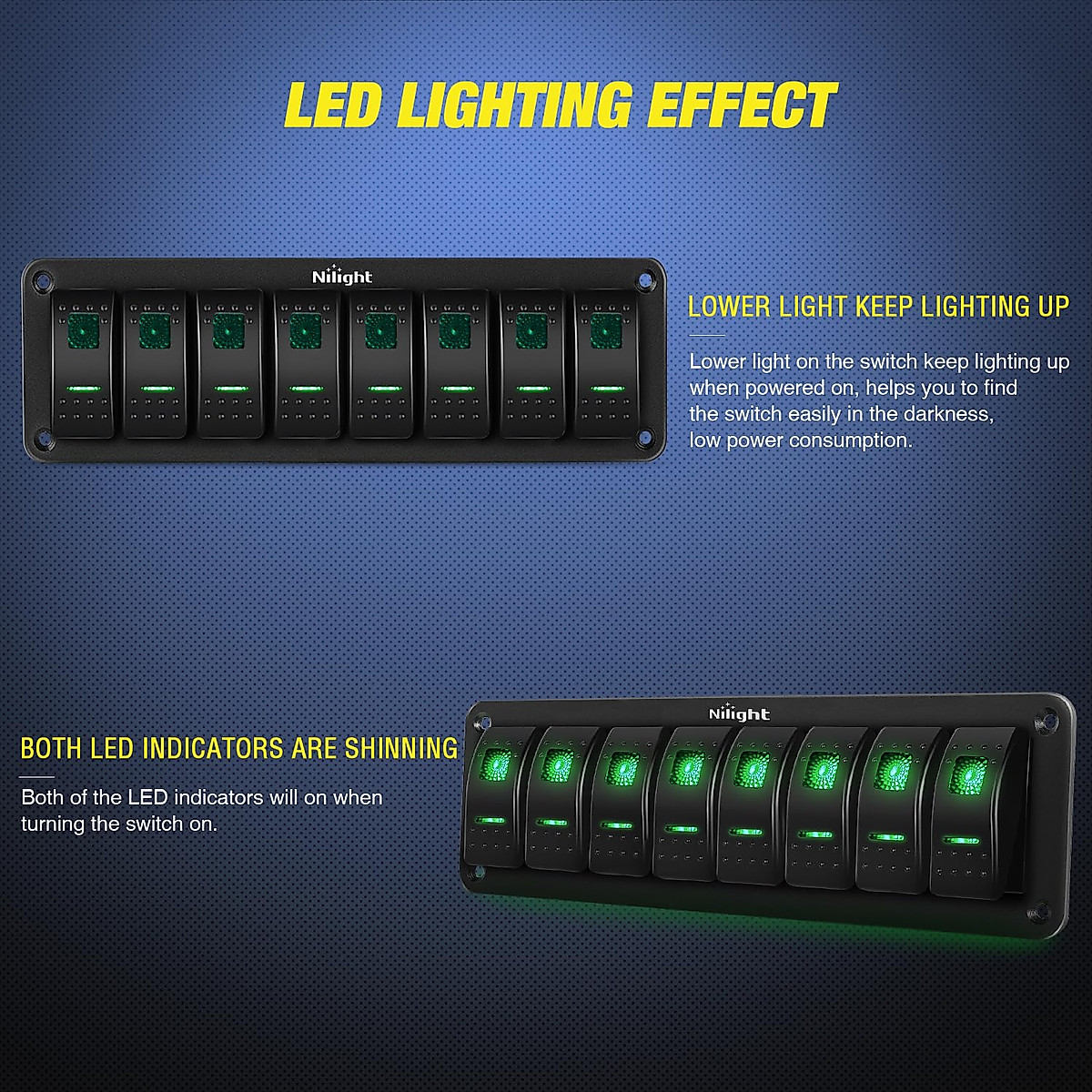 Nilight 8 Gang Rocker Switch Panel 5Pin On Off Toggle Switch Aluminum Holder 12V 24V Dash Pre-Wired Green Backlit Switches for Automotive Cars Marine Boats RVs Truck, 2 Years Warranty