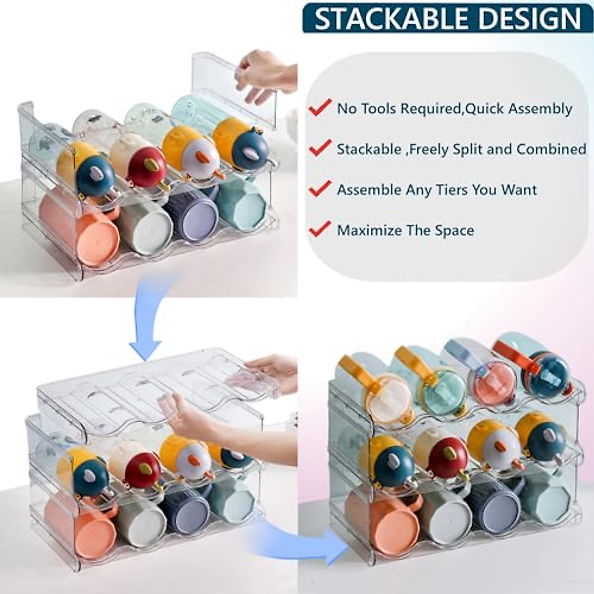 Zdesign Water Bottle Organizer, Stackable Plastic Water Bottle Holder for Cabinet-4 Pack,Kitchen Pantry, Fridge, Stackable Cup Holder Dorm Essentials,Hold 32 Containers (4)