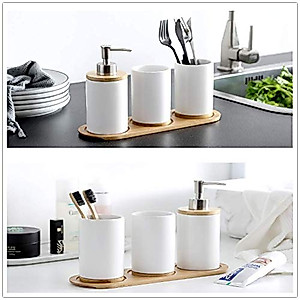 Onepine 4-Piece Ceramic Bathroom Set Includes Soap Dispenser Pump, Toothbrush Holder, Tumblers, Wooden Tray
