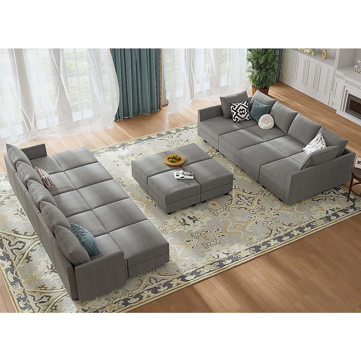HONBAY Oversized Modular Sofa Couch with Ottoman U Shape Sectional Couch with Chaise Large Sleeper Modular Sectional Sofa with Storage Seats, Grey