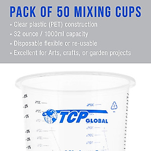 TCP Global 32 Ounce (1000ml) Disposable Flexible Clear Graduated Plastic Mixing Cups - Box of 50 Cups - Use for Paint, Resin, Epoxy, Art, Kitchen, Cooking, Baking - Measuring Ratios 2-1, 3-1, 4-1, ML