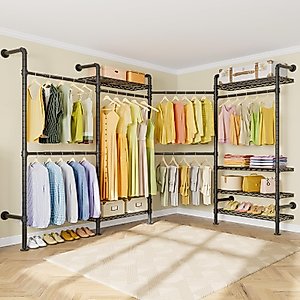 Timate L4 L Shape Garment Rack Heavy Duty Clothes Rack for Hanging Clothes, Expandable Industrial Pipe Clothing Rack, Wall Mounted Closet Organizer Large Wardrobe Closet Kit Corner Closet System Black