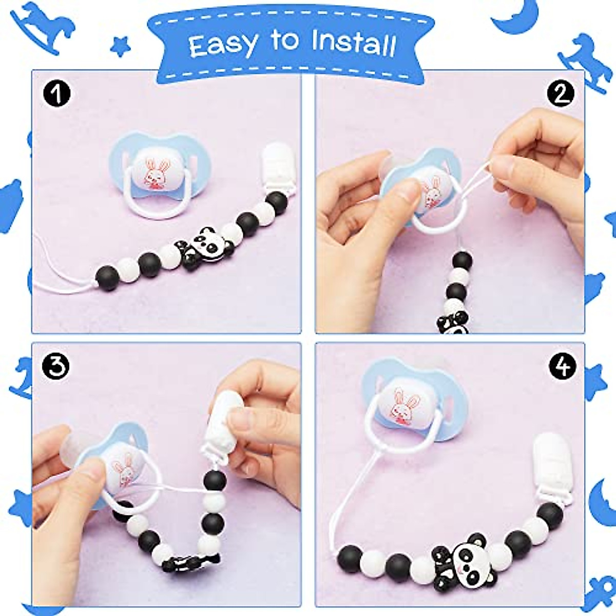 4Pcs Silicone Pacifier Clip for Babies Infant Animal Teething Soothie Toy Panda Dinosaur Elephant Raccoon Pacifier Clip Babies Teethers Clips for Baby Shower Birthday Keepsake Christmas New Year Gift