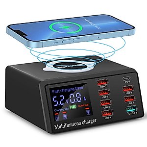 WANLONGXIN 100W 8-Port USB Qi Wireless Charging Station, QC3.0/PD Fast Charge for Phones Tablets USB Tools, Multi-Device Smart IC Desktop Organizer Hub