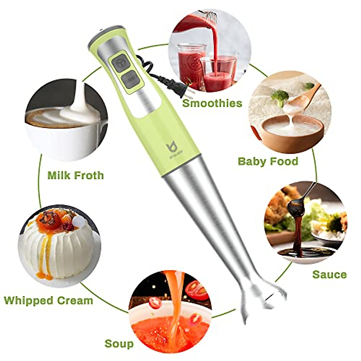 Immersion Hand Blender, UTALENT 3-in-1 8-Speed Stick Blender with Milk Frother, Egg Whisk for Coffee Milk Foam, Puree Baby Food, Smoothies, Sauces and Soups - Green