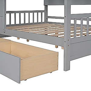 BOVZA Full Size House Bed with 2 Storage Drawers, Kids Bed with Storage Shelf, Wooden House Bed with Roof for Kids Boys Girls Teens, Gray