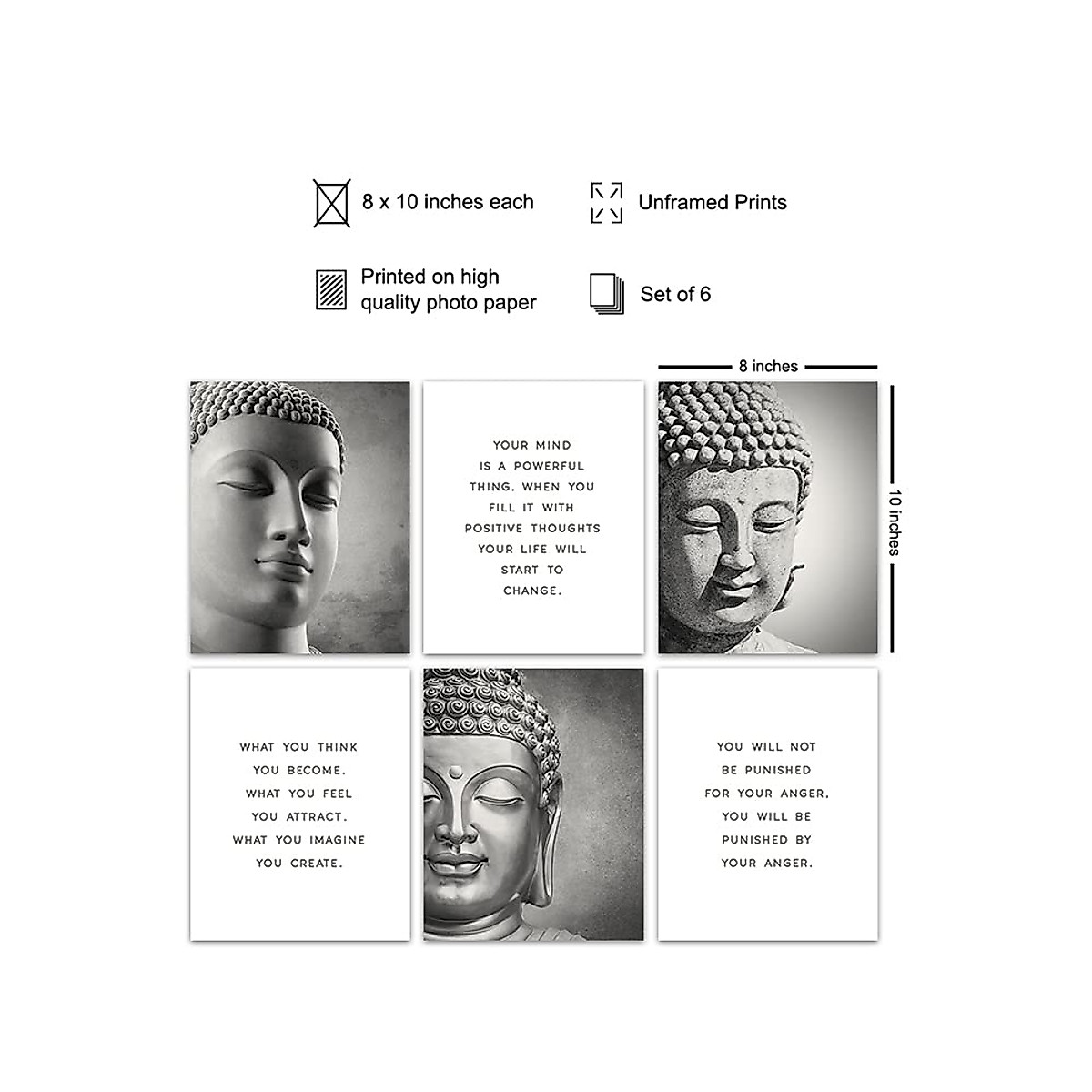 Inspirational Buddhism Quotes Set - Zen Home Decoration Wall Art Decor for Living Room, Yoga Studio, Office - Unique New Age Gift for Buddhist, Meditation Instructor - 8x10 Buddha Prints - Unframed