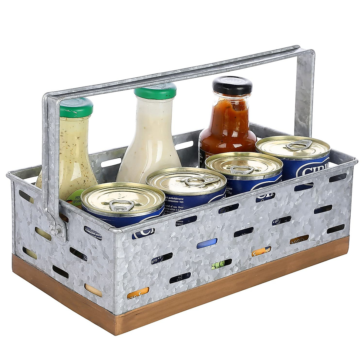 MyGift Silver Galvanized Metal Perforated Condiment Basket Storage Container with Handle and Copper Tone Accent Rim - Handcrafted in India