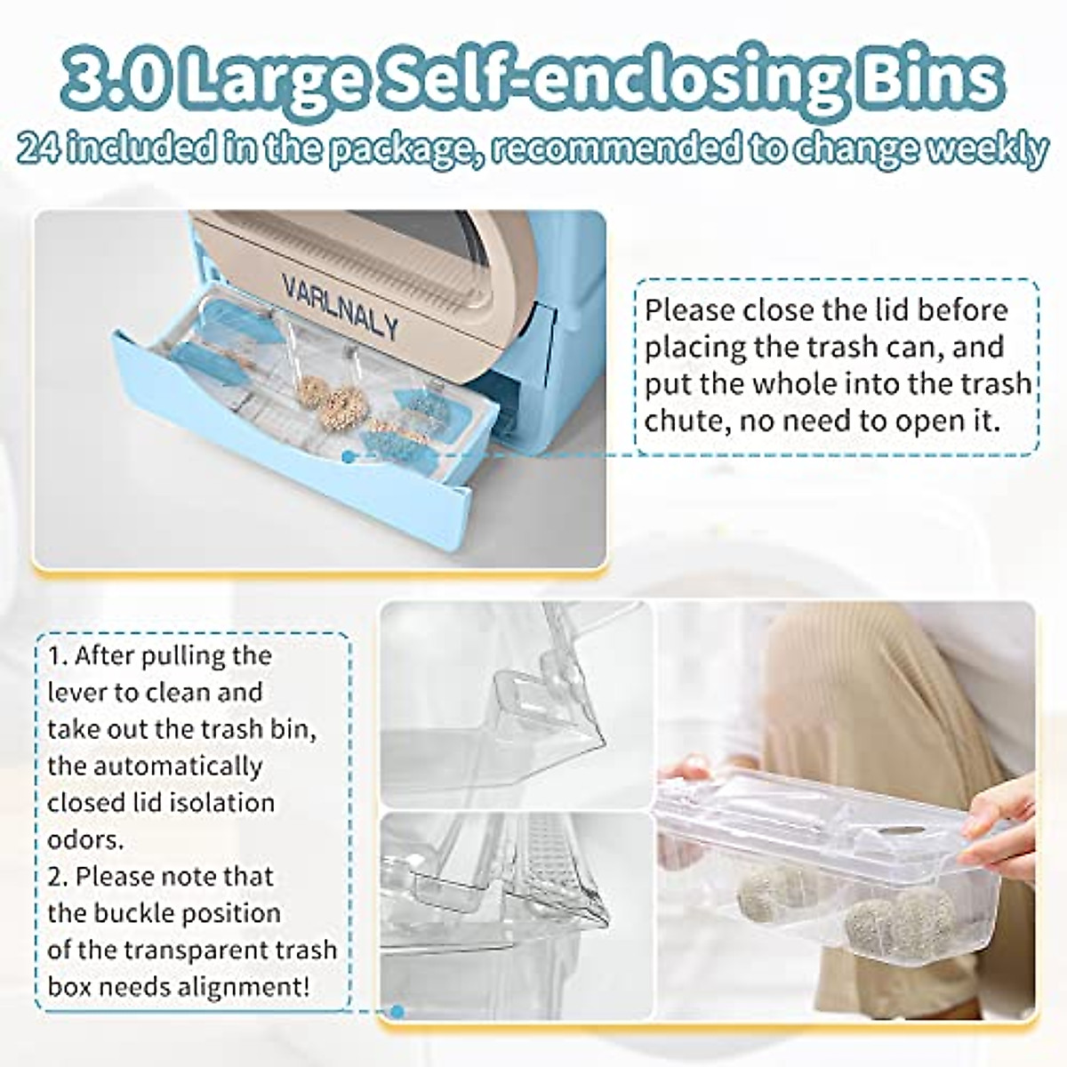 VARLNALY 3.0 Large Self-Cleaning Cat Litter Box, Pull-Out Non-Electric Automatic Cat Litter Box with Lid(24PCS Trash Box), One-Piece Base Prevents Urine＆Litter Leakage, Enclosed Isolates Odor (Blue)