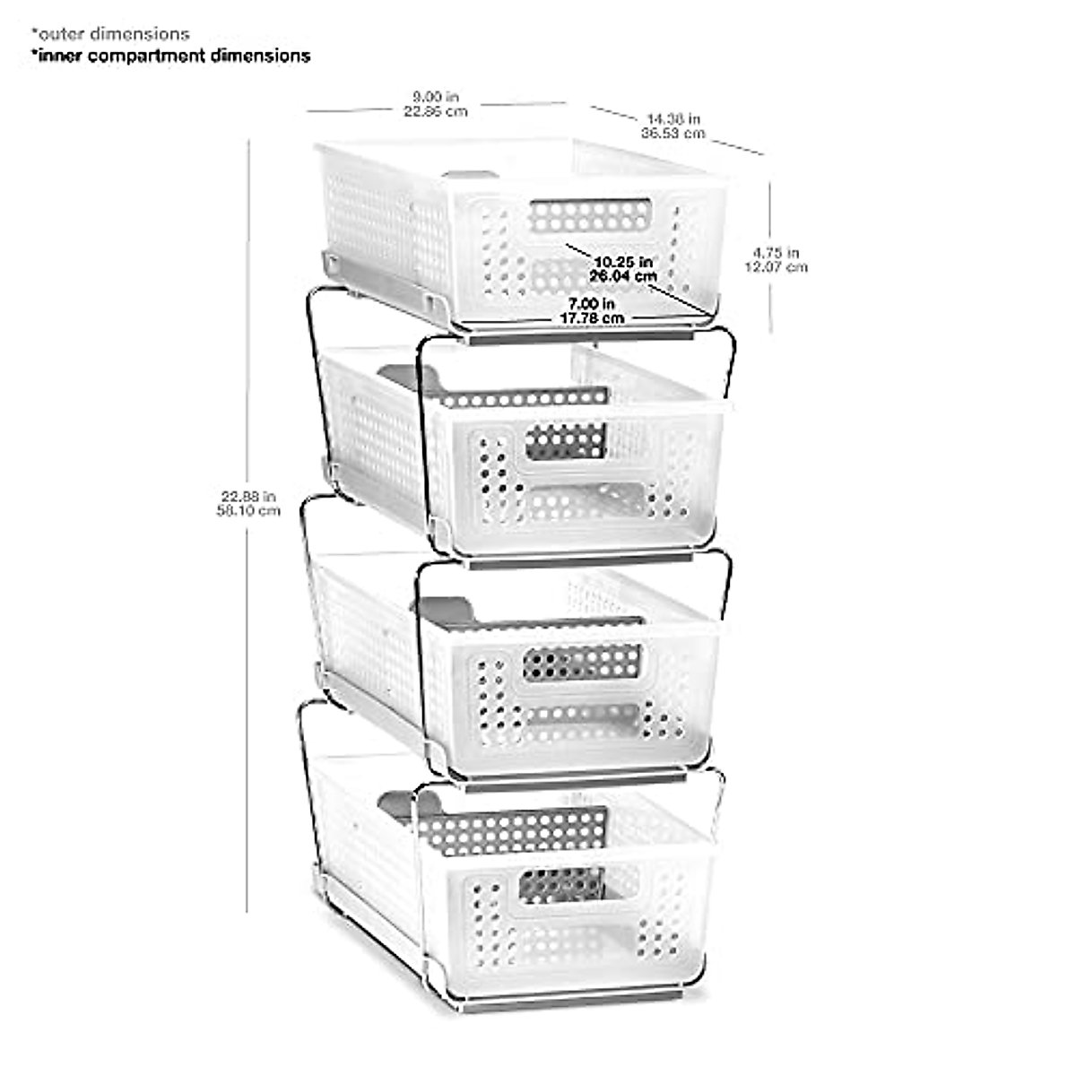 madesmart Stackable 2-Tier Organizer, Multi-Purpose Slide-Out Storage with Extra Set of Legs, Handles and Dividers for Home and Bath, BPA Free, Frost