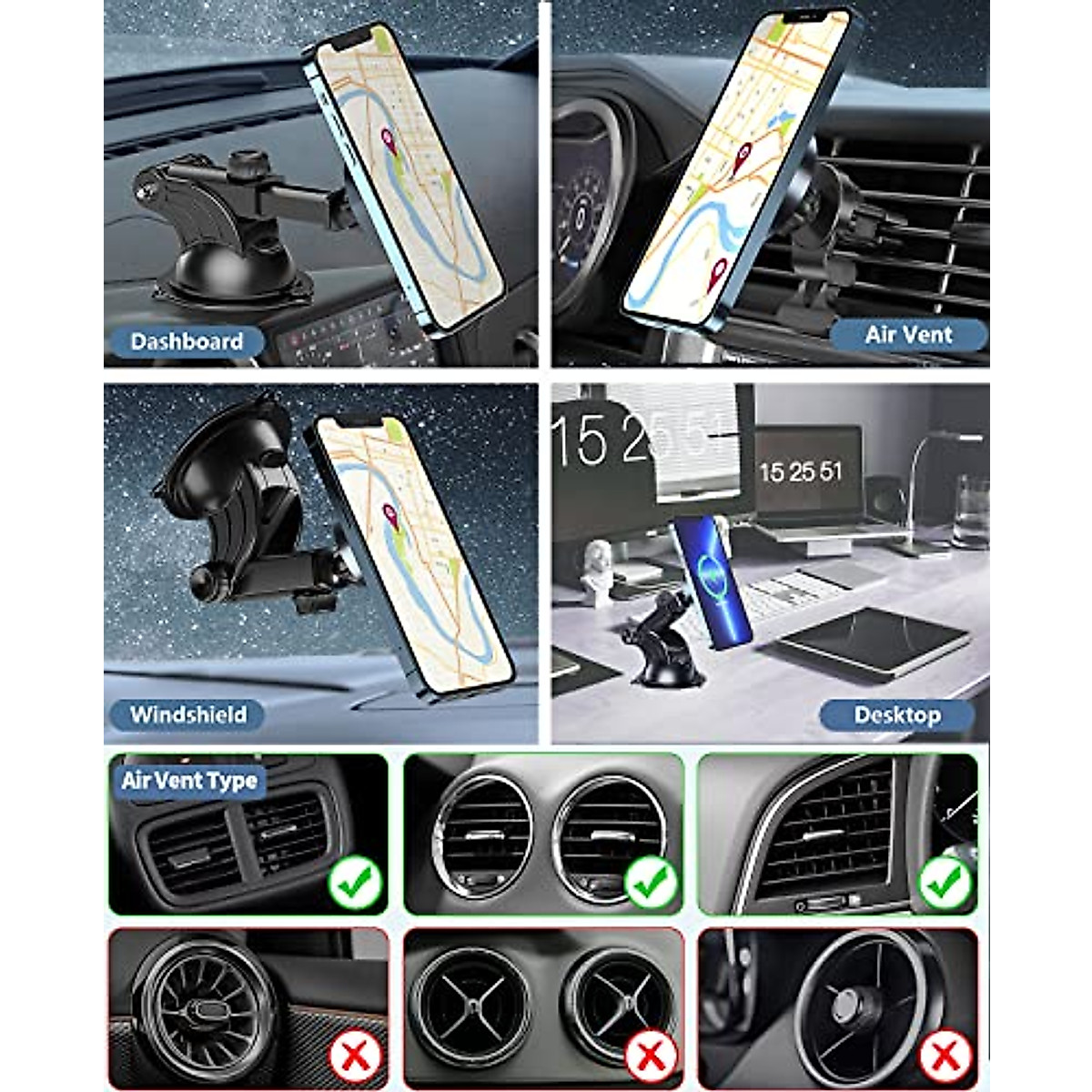 Magnetic Wireless Car Charger, 18W Fast Mag Safe Car Charging Dashboard Mount with Adjustable Metal Air Vent Hook Compatible with iPhone 14/13 Pro/13 mini/12/12 Pro/12 Pro Max/12 Mini