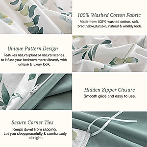 MILDLY Leaf Duvet Cover Sage Green - 100% Washed Cotton Eucalyptus Printed Linen Feel Bedding Set with Zipper Closure 4 Ties King Size