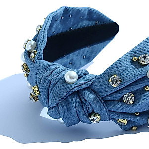 FEDANS Pearly Crystal Knotted Women Headband Luxury Jeweled Embellished Denim Blue Hairband Fashion Elegant Ladies Hair Band in Summer Spring