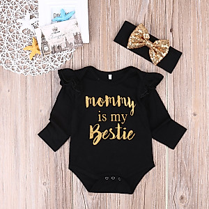 Newborn Baby Girls Clothes Floral “Mommy is My Bestie” Bodysuit Romper +Headband