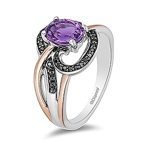 Jewelili Enchanted Disney Fine Jewelry Sterling Silver with Rose Gold Plating, Black Rhodium 1/5 Cttw Diamond and Amethyst Ursula Ring, Size 9