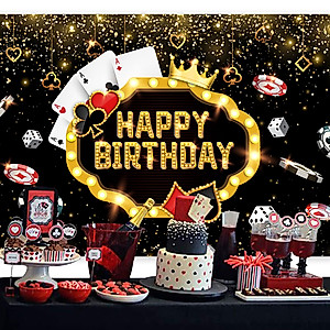 Riyidecor Casino Happy Birthday Backdrop Las Vegas Game Night Theme Poker Cards Dice 7Wx5H Feet Polyester Fabric Golden Glitter Dots Photography Background Party Table Decor Banner Studio Photo Shoot