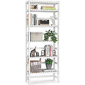 Homykic Bookshelf, 6-Tier Bamboo Adjustable 63.4” Tall Bookcase Book Shelf Organizer Free Standing Storage Shelving Unit for Living Room, Kitchen, Bedroom, Bathroom, Office, Rust Resistance, White