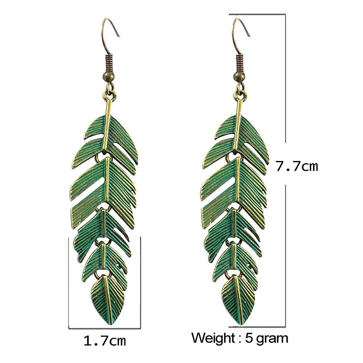 Handmade Boho Vintage Green Bronze Lightweight Statement Leaf Earrings with Detailed Texture Drop Dangle Earring for Women (Green)