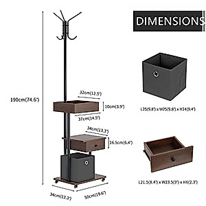 soges Coat Rack and Nightstand, Brown Wooden Nightstands with One Drawer and One Non-woven Basket, Metal Coat Rack for Bedroom, Living Room