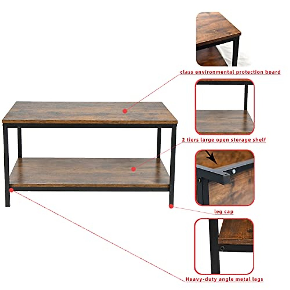 SENIG Coffee Table, Small Coffee Table for Living Room, Coffee Tables with Storage Shelf，Brown Coffee Tables for Small Spaces, Rectangle Wood Table Metal Side End Table, Center Table for Living Room