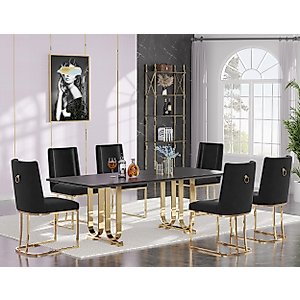 Pvillez 71" Modern Dining Table for 6-8 People, Rectangular Kitchen Table Black Faux Marble Top Dining Table with Polished Gold Metal Pedestal Base, Large Dinner Table for Dining Room Kitchen Office
