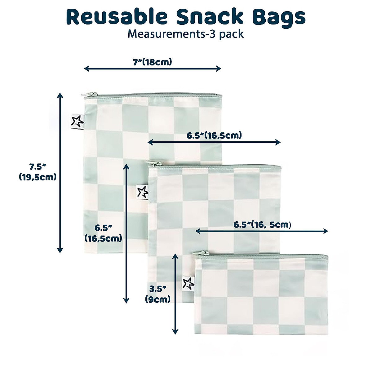 Tiny Twinkle 3 Pack Reusable Snack Bags - Machine Washable, PFAS, PVC, BPA, Phthalate-Free Reusable Baby and Toddler Food Safe Snack Bags (Sage Checkers)