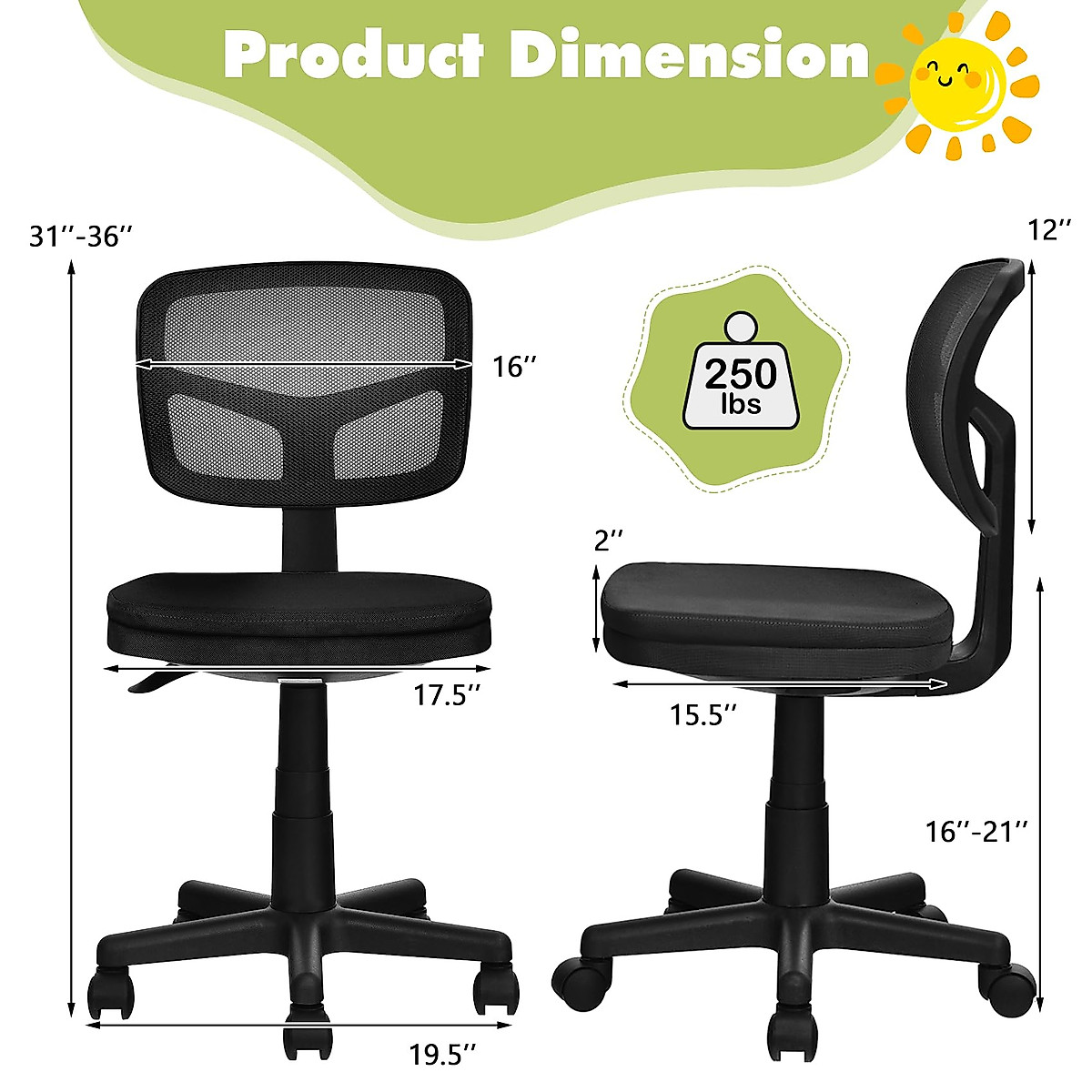 TOMANOR Kids Desk Chair - Armless Teens Girls Study Chair Small Kids Computer Chair Adjustable Swivel Mesh Task Chair for Home School Office Black