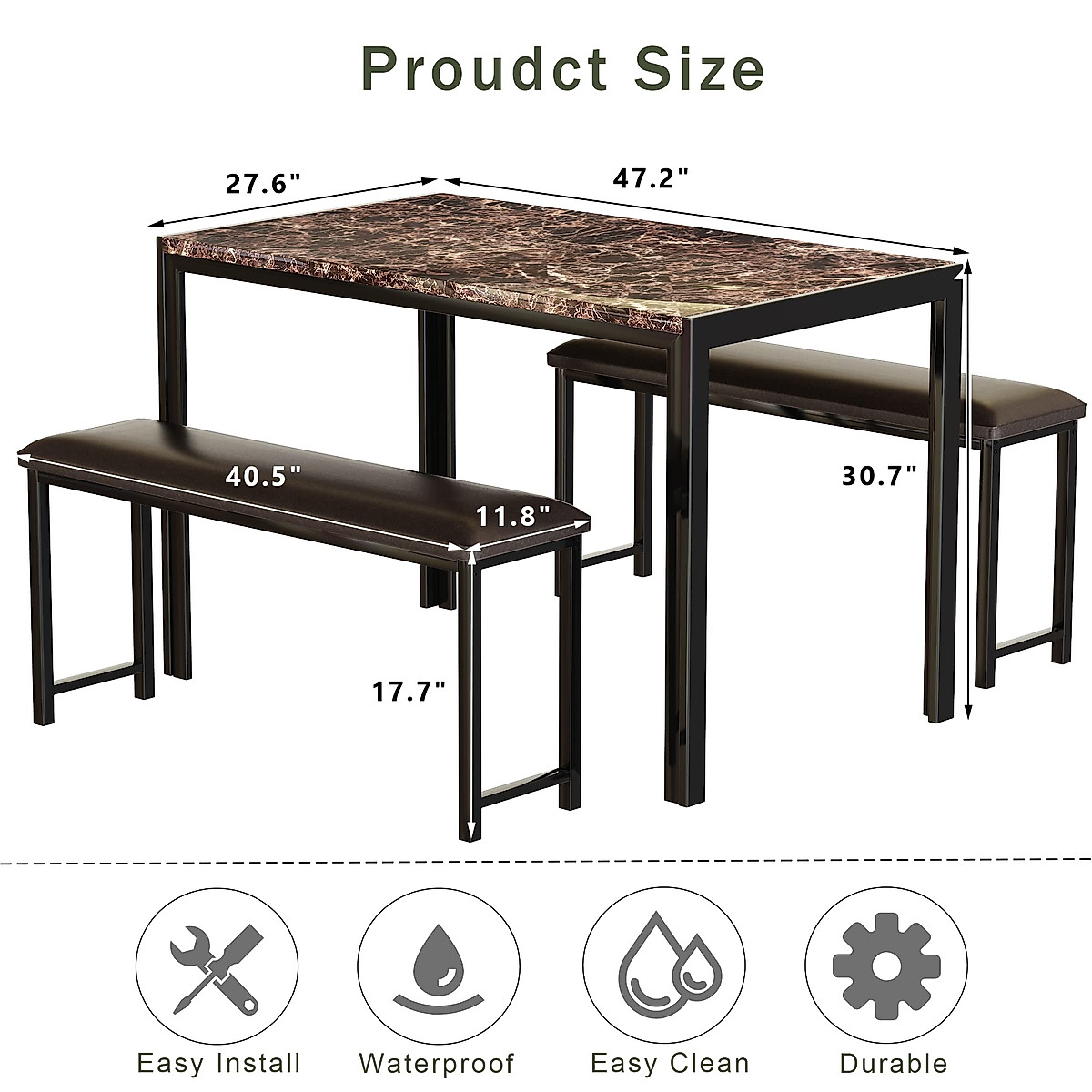 Lamerge Kitchen Tables Set for 4, Dining Faux Marble Table and 2 PU Leather Upholstered Bench, 3 Piece Dining Room Table Set for Small Space, Breakfast Nook and Apartment, Brown (Dining Table016)