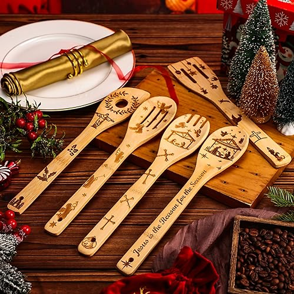 5 Pieces Burned Cooking Utensil Spoon Christmas Wooden Spoons Set Christmas Kitchen Decoration for Christmas Gift House Present Supplies (Religious Style)