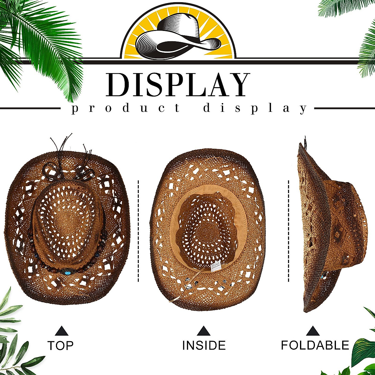 Zhanmai Men Women's Woven Straw Cowboy Cowgirl Hat with Foldable Sunglasses Wide Brim Western Straw Hat Cowboy Costume Accessories(Dark Brown)