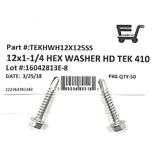 #12x1 1/4 Stainless Steel Hex Washer Head Self Drilling Tapping TEK Screw (410 Stainless Steel) 50 Pieces 12x1-1/4