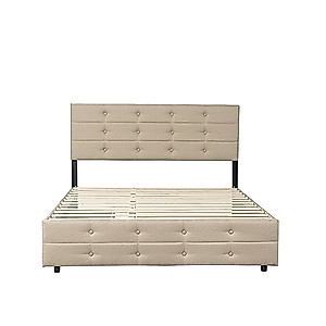 Prohon Upholstered Platform Bed with Trundle & 2 Drawers, Wood Bed Frame Queen Size, Modern Bedframes with Linen Tufted Headboard for Kids, Teen & Adults, No Box Spring Needed, Light Beige