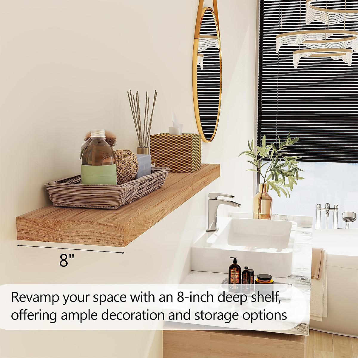 Fun Memories Floating Shelves, 8 Inch Deep Rustic Elm Wood Wall Shelves for Storage, Wall Mounted Display Shelving with Invisible Heavy-Duty Metal Bracket (Natural, 36" W x 8" D, Set of 2)