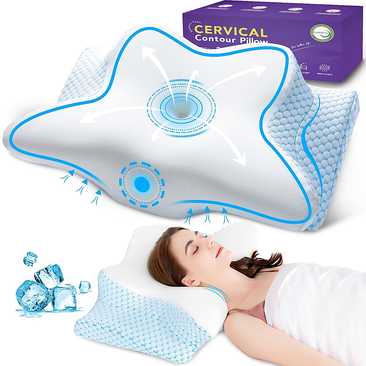 Cool Cervical Neck Pillow for Pain Relief, Ergonomic Contour Side Sleeper Pillow for Adults, Orthopedic Memory Foam Back Stomach Sleepers, 2 in 1 Stomach Sleeping Blue