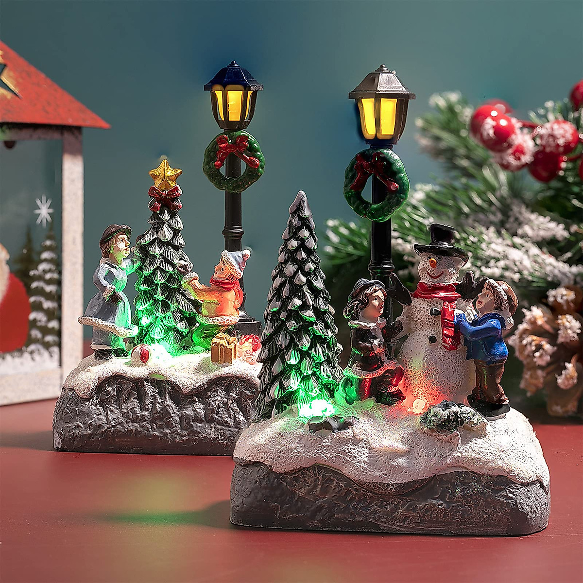 Mudder 2 Pieces Christmas Village Houses Decorations Led Light up Christmas Tree Christmas Snowman Light Christmas Decorations Figurines Buildings Landscape Lamppost Dector
