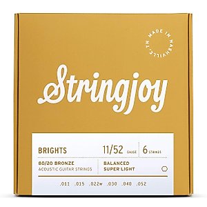Stringjoy BB1152 Brights 80/20 Bronze Acoustic Guitar Strings, (Super Light Gauge - 11-52)