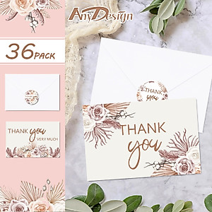 AnyDesign Boho Floral Thank You Cards Bulk 36 Pack Boho Rose Bouquets Note Cards with Envelope Stickers Flower Blank Cards for Wedding Bridal Shower Baby Shower Birthday Party, 4 x 6 Inch