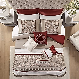 Madison Park Essentials Jelena Room in A Bag Faux Silk Comforter Classic Luxe All Season Down Alternative Bedding, Matching Bedskirt, Curtains, Decorative Pillows, Queen(90"x90"), Red 24 Piece