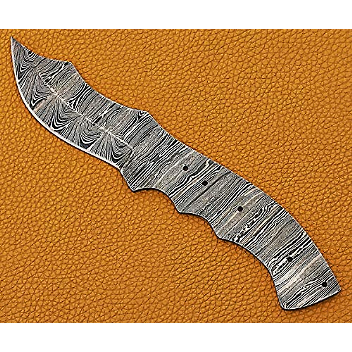 9" Long Dao Blade, Hand Forged Ladder Pattern Damascus Steel Blank Blade, 4.5" Long Blade with 4" Cutting Edge, 4.5" Finger Serrated Scale with 5 pin Holes