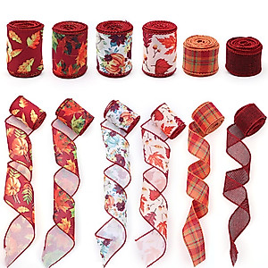 1.5" and 2.5'' Burgundy Fall Pumpkin Maple/Oak Leaf Wired Ribbon for Autumn and Thanksgiving Holiday 6 Rolls Total 30 Yards in Length (Fall Pumpkin)