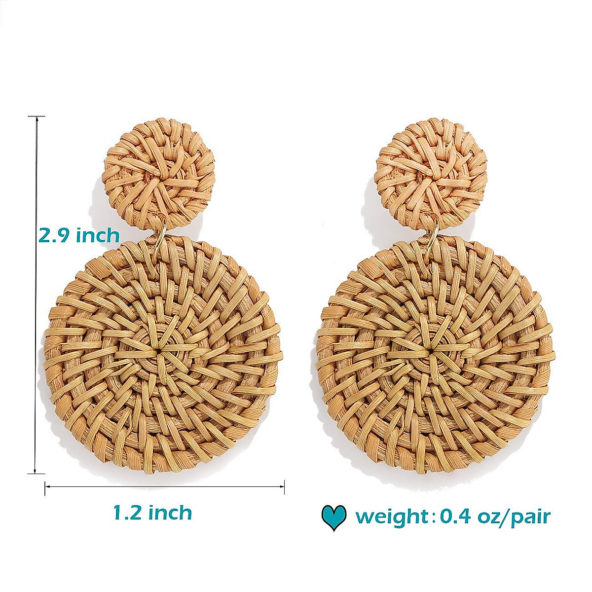 ARATLENCH Rattan Woven Dangling Earrings Handmade Straw Dangle Drop Earrings Boho Summer Beach Statement Circle Ball Hoop Earrings for Women (rattan disc)