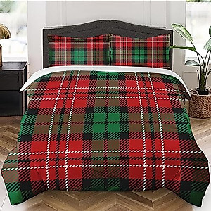 Duvet Cover Full Size, Christmas Plaid Red Green Bedding Set with Zipper Closure for Kids and Adults, Winter Geometric Woven Comforter Cover with 2 Pillow Shams for Bedroom Bed Decor