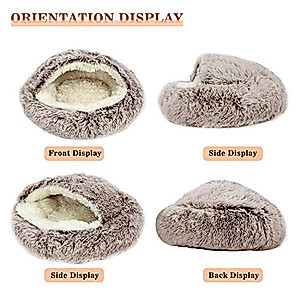 KWEWIK Cat Bed Round Soft Plush Burrowing Cave Hooded Cat Bed Donut for Dogs & Cats, Faux Fur Cuddler Round Comfortable Self Warming pet Bed, Machine Washable, Waterproof Bottom, Small, Coffee
