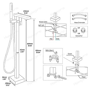 Hoimpro Freestanding Bathtub Faucet Waterfall Tub Filler Matte Black Floor Mount Brass Single Handle Bathroom Tub Faucets with 2 Function Hand Shower Wand