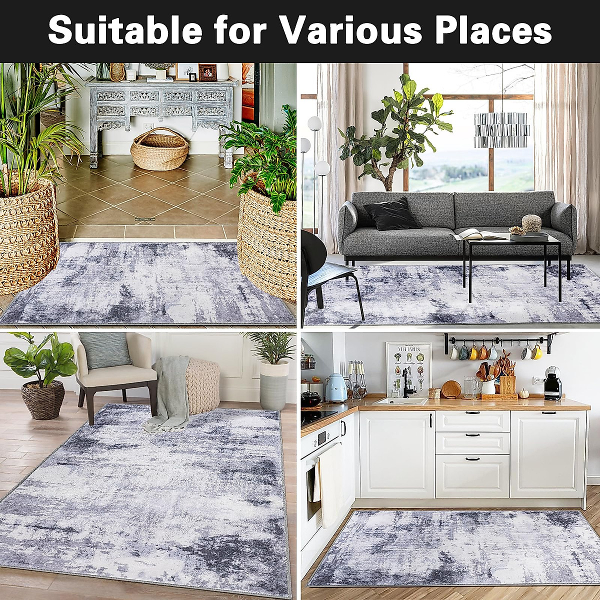 Aruiliya Washable Entryway Rugs Indoor for Entrance Kitchen, 2x4 Small Modern Abstract Non Slip Area Throw Rug for Laundry Dining Living Room, Door Mat Carpet for Entry Floor Outdoor, Light Grey