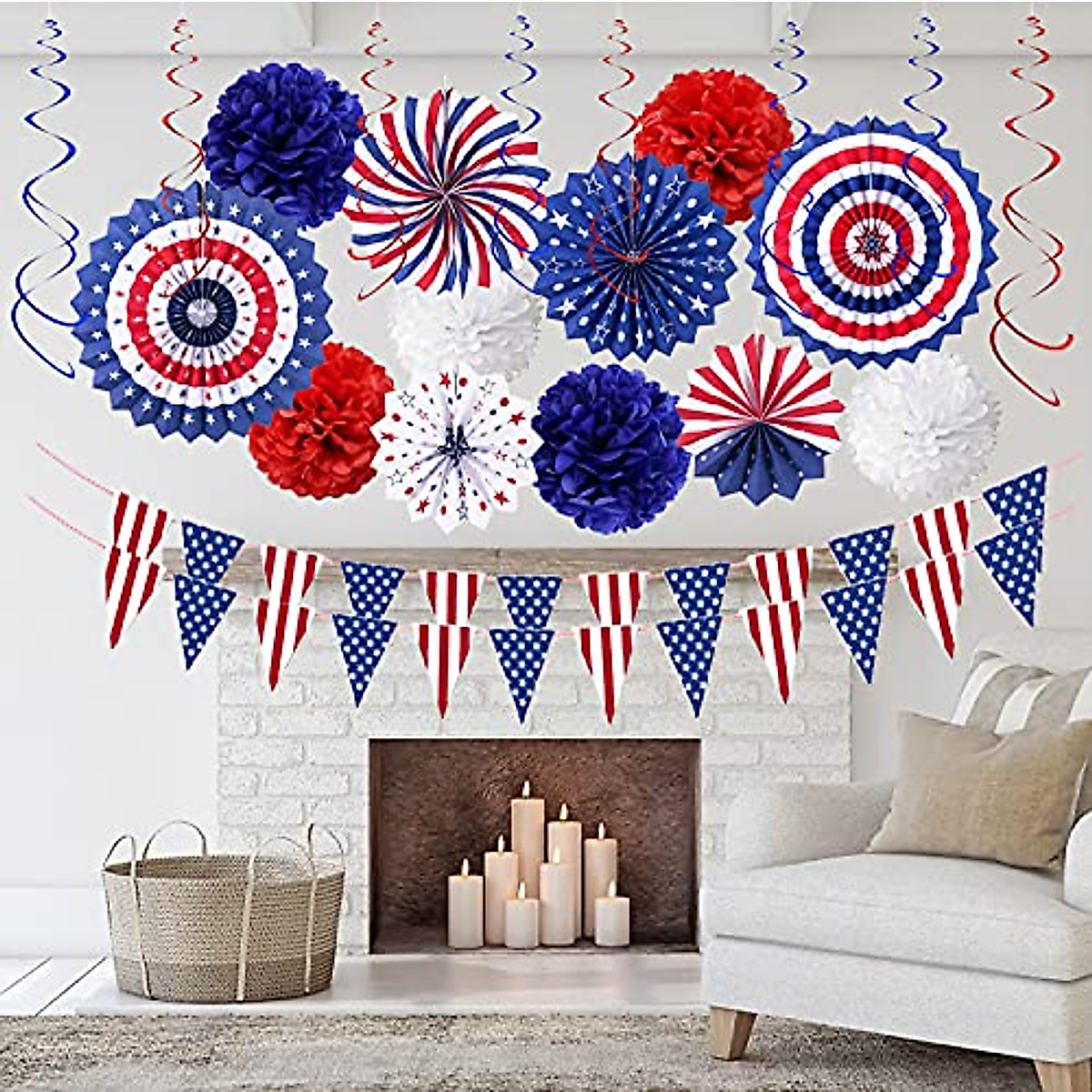 26PCS Patriotic Party Decorations, 4th/Fourth of July American Flag Party Supplies Red White Blue Hanging Paper Fans, Tissue Paper Pom Poms, Star Streamers for American Theme Party