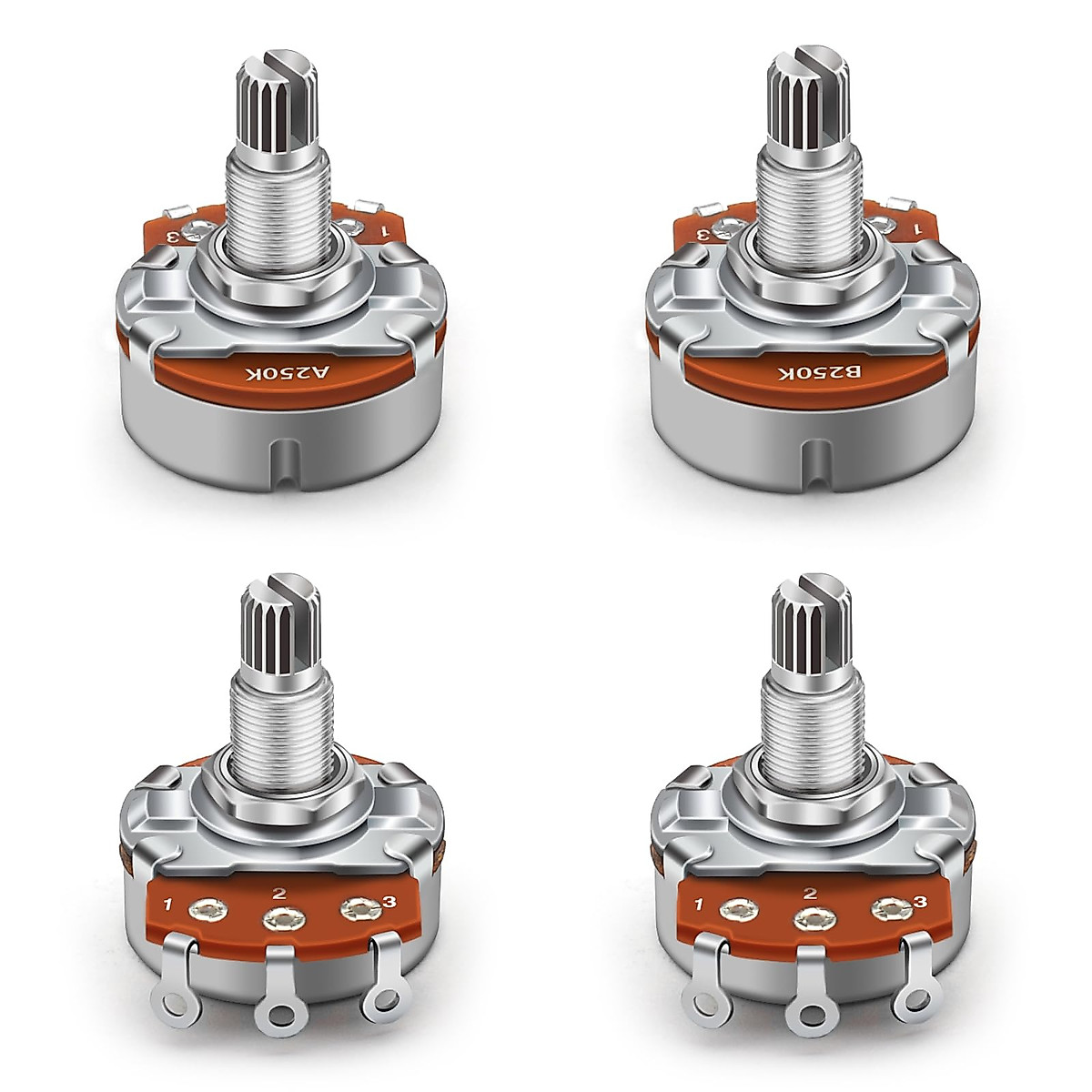 SAPHUE 4PCS A250K+B250K+A500K+B500K Push Pull Potentiometer Brass Metric Coarse 18-Spline Split Shaft Pots Audio Taper Potentiometers for Electric Guitar Bass,2T2V (250K&500K)