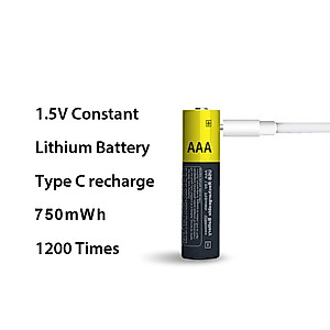 Type-C Lithium Rechargeable Batteries AAA, 1.5V USB Li-Ion AA Battery, Rechargeable, 750mWh with Type C Charging Cable, Quick Charge in 2 Hours, (Pack of 4) (4AAA)
