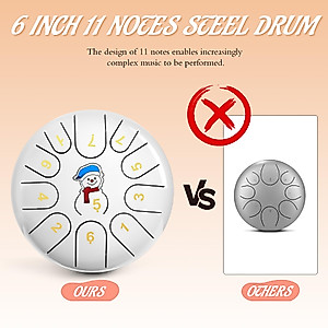 Steel Tongue Drum - 11 Note 6 Inch Tongue Drum Instrument - Hand Pan Drums with Music Book, Steel Handpan Drum Mallets and Carry Bag, C Major for Meditation or Yoga,Gift for Kid or Adults(White)