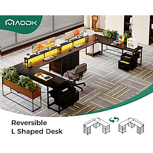 AODK 66" L Shaped Computer Desk, 113“ Reversible Home Office Desk with File Cabinet & 4 Fabric Drawers, Two Person Desk with LED Lights & Power Outlet, Corner Gaming Desk with Monitor Shelf, Black